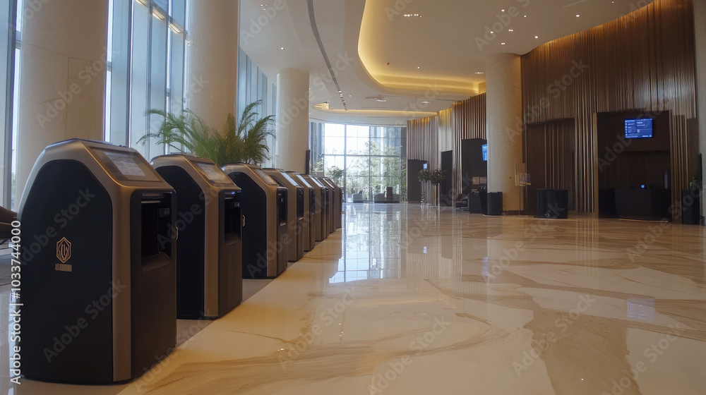 Row of electronic turnstiles at a corporate building, with security ...