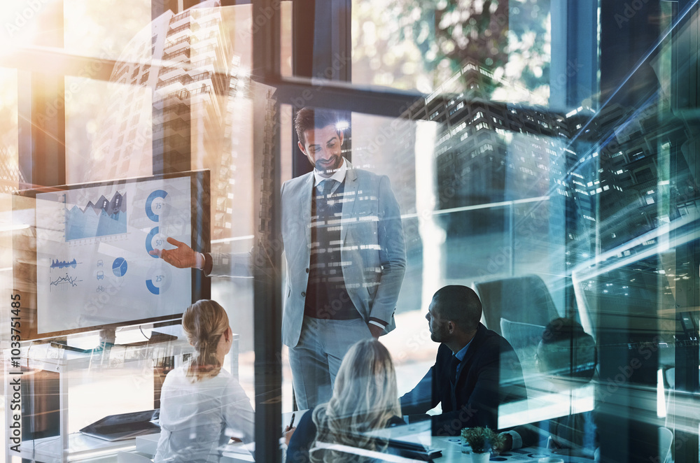 Staff, city or group in a meeting, overlay or planning with ideas ...