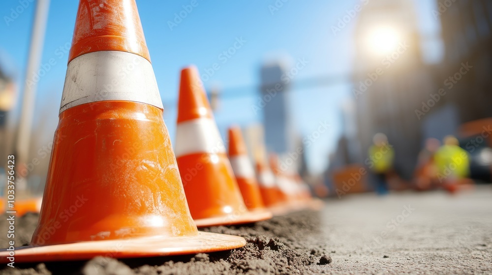 Traffic cones stand on a dirt road in brisk daylight under a clear sky ...