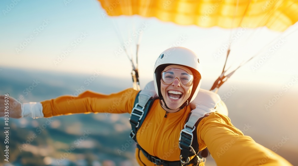 A joyful parachutist with a bright smile captures the thrill and ...