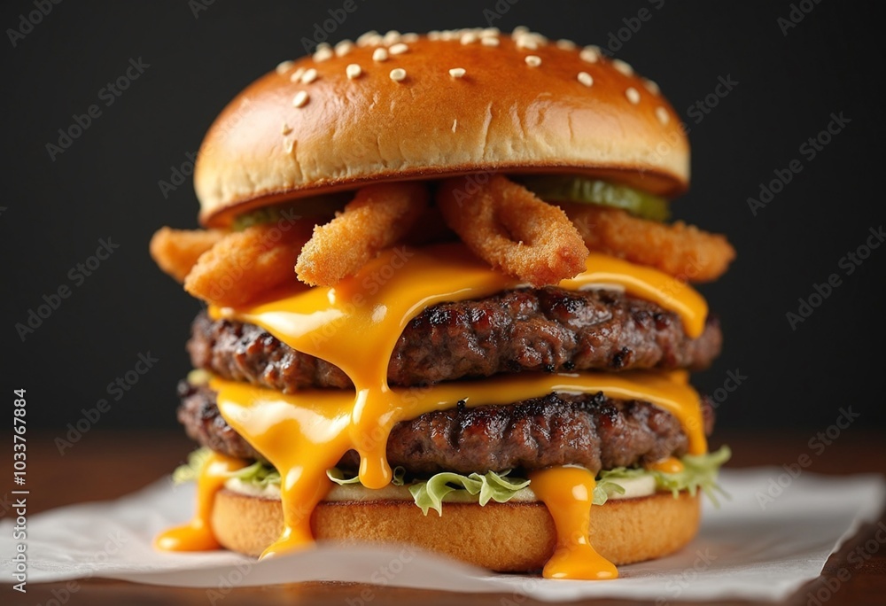Professional food photography of a cheeseburger with three layers of ...