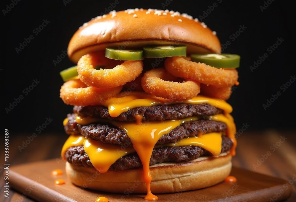 Professional food photography of a cheeseburger with three layers of ...
