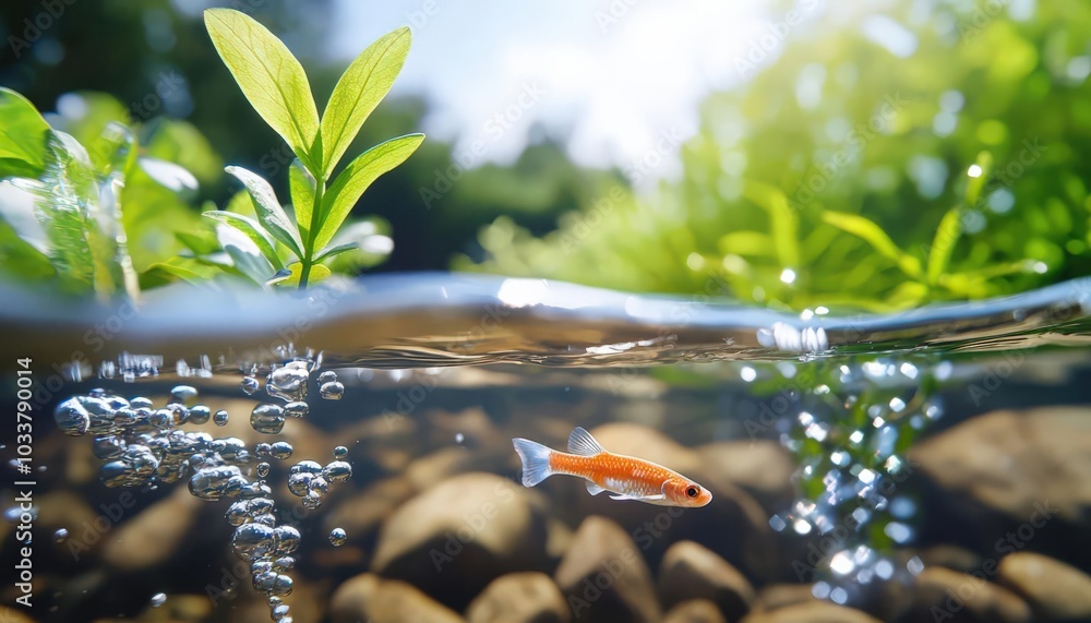 River ecosystem with fish, plants, and flowing water, illustrating the ...