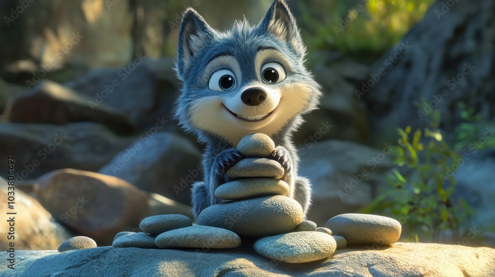 The wolf pup uses its paws to stack smooth river stones, building a ...
