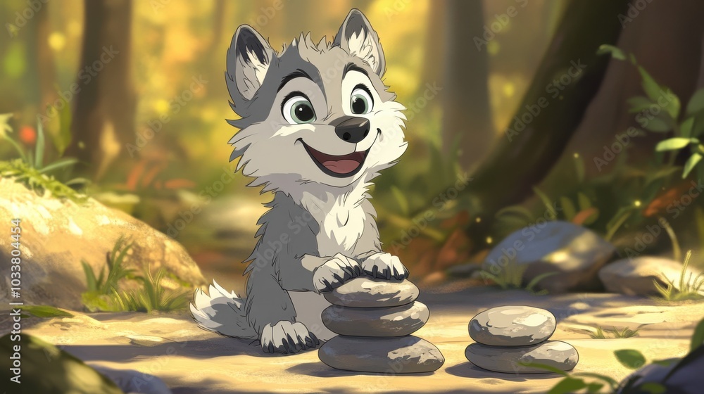 The wolf pup uses its paws to stack smooth river stones, building a ...