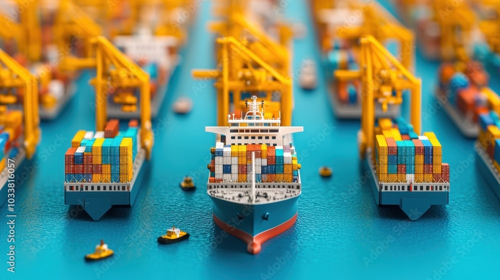 A modern harbor with docks and container ships and cranes in a busy ...