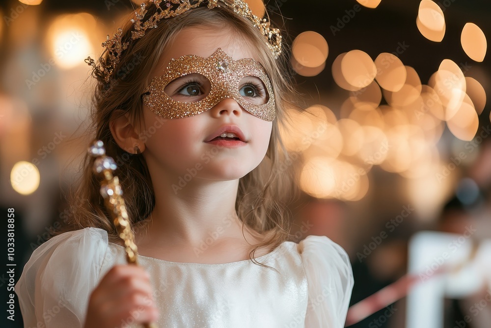 A delighted child wearing a sparkly mask and delicate tiara stands ...