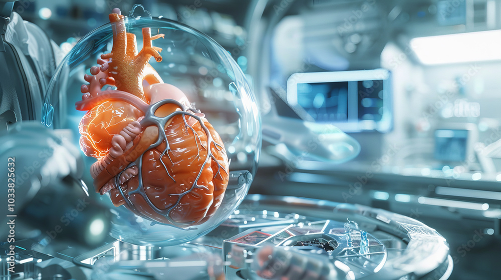 3D printed organ, resembling heart, is displayed in futuristic lab ...