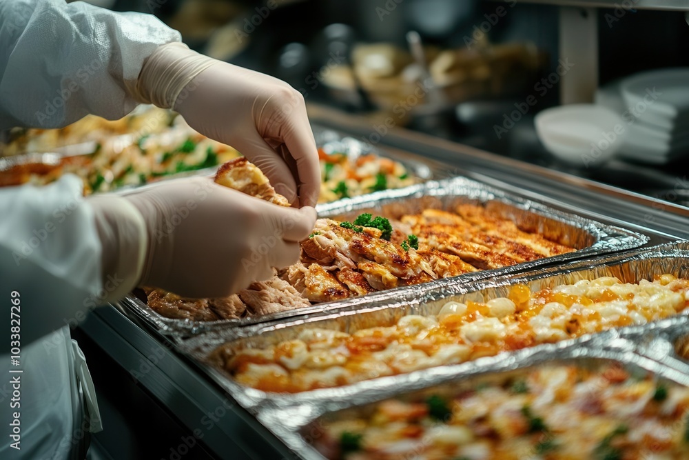 Gloved hands arranging food in a hot holding unit, ensuring food is ...