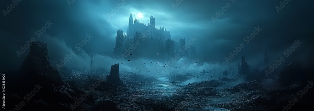 Dark Fantasy Castle at Night with Bats and Misty Ruins, Rendered in ...