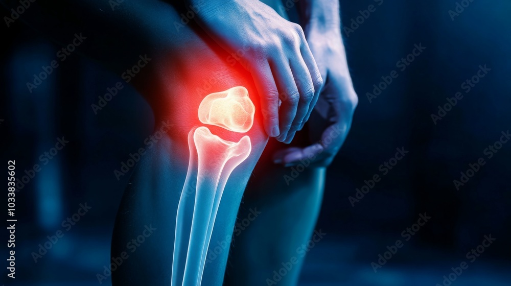 A person is holding their knee, indicating discomfort while an ...