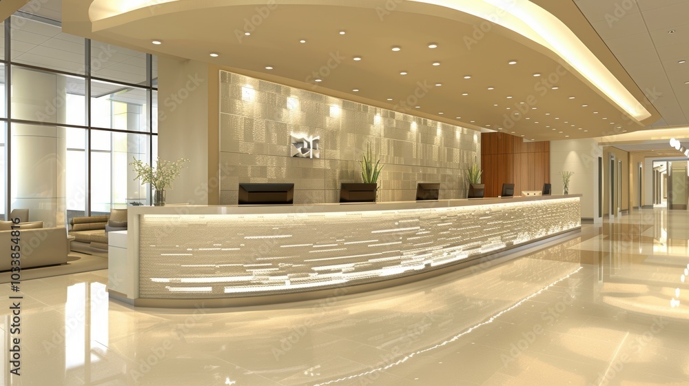 A modern, spacious, and elegantly designed reception area featuring a ...