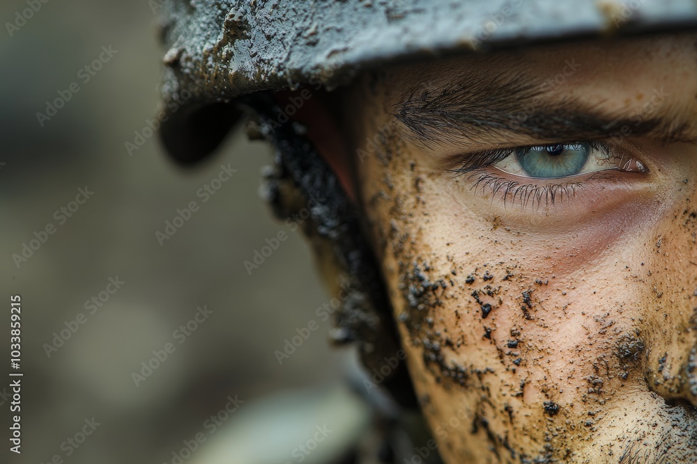 A soldier's eye stares with intense focus, the face covered in mud ...