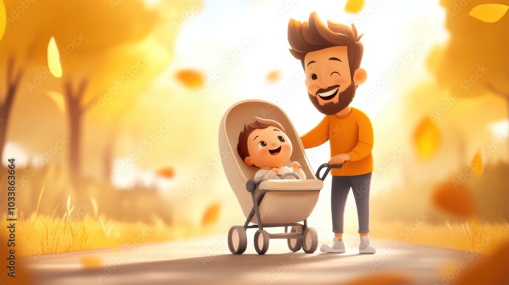 A cheerful father with a stylish beard pushes a gleeful baby in a ...