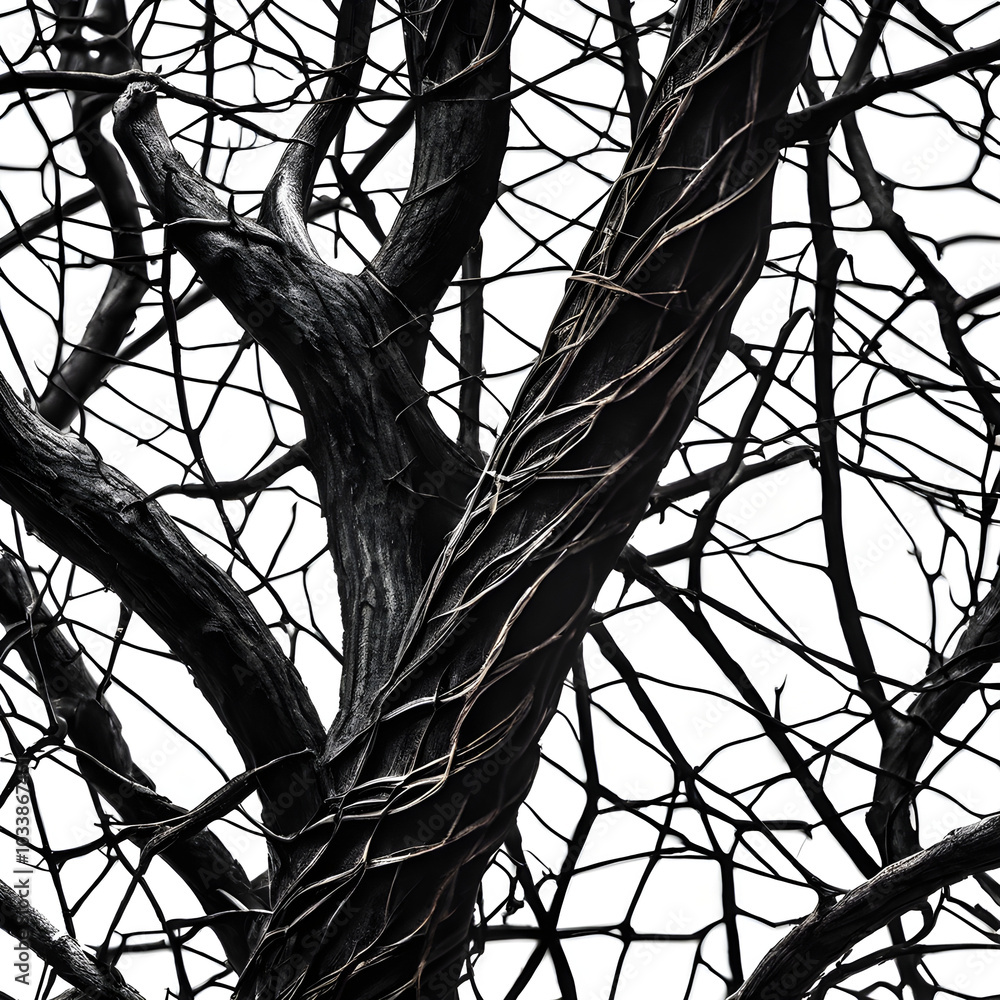 A black tree with vines wrapped around its trunk. The vines have sharp ...