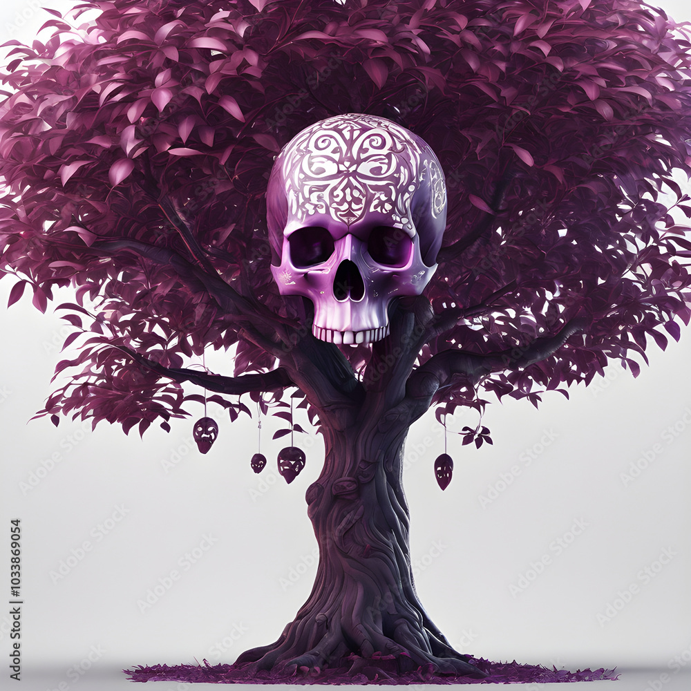 A small tree with a dark purple trunk. Its leaves have a skull-like ...