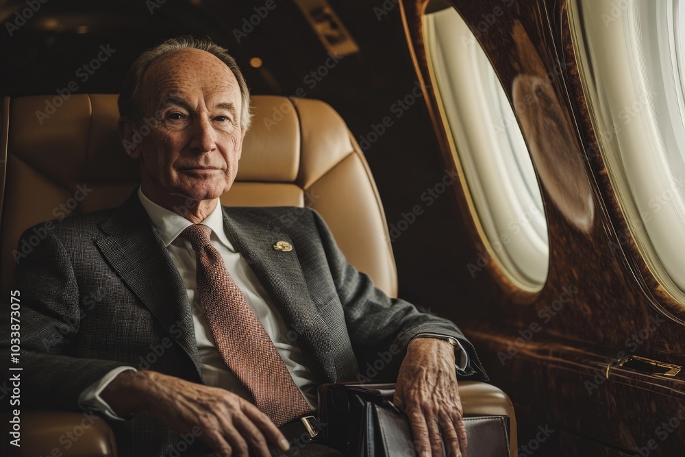 A distinguished man dressed in a suit sits in a private jet, deep in ...