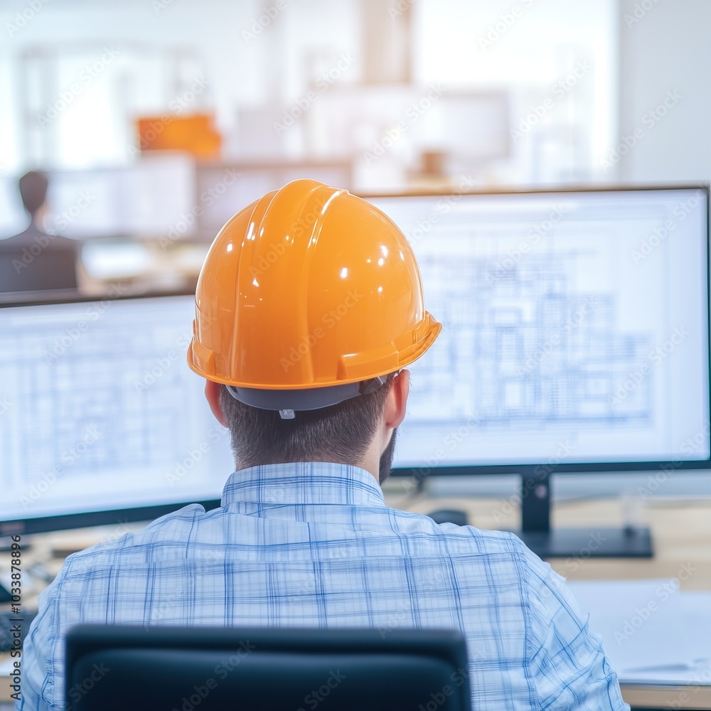 Engineer with orange hard hat working on computer in modern office ...