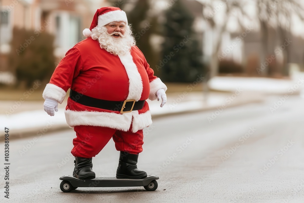 Santa riding a hoverboard down a suburban street, wearing a snarky grin ...
