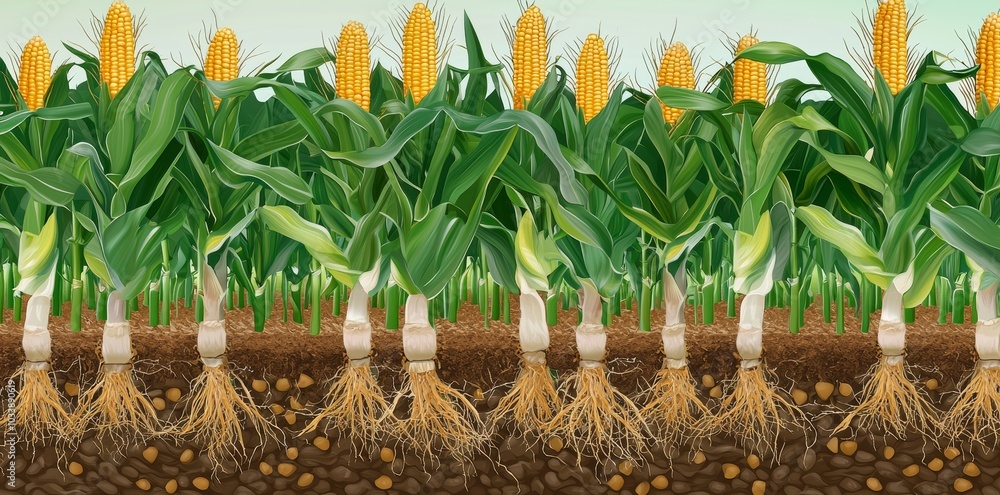 Corn plants depicted with visible root systems below the soil surface ...