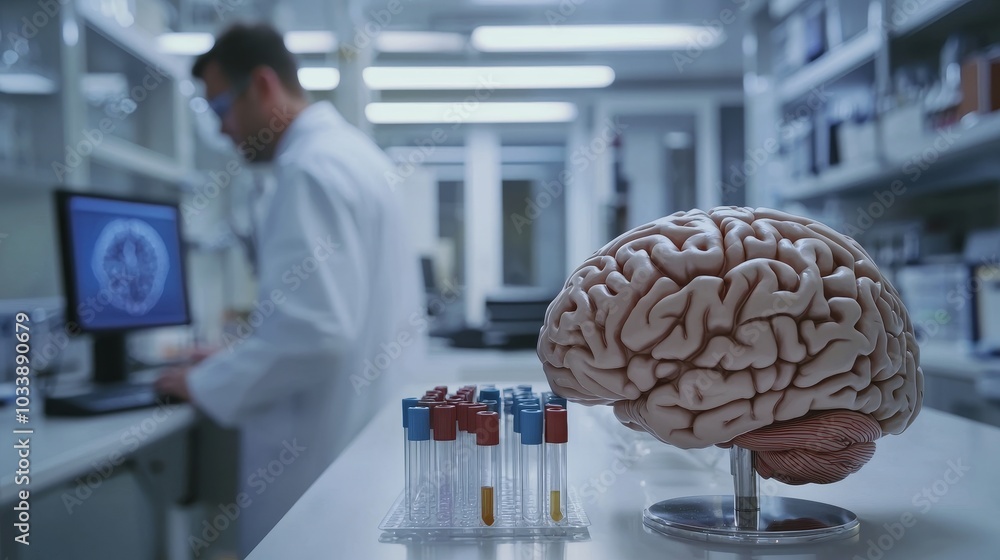 Brain with visible genetic modifications, representing biotechnology's ...