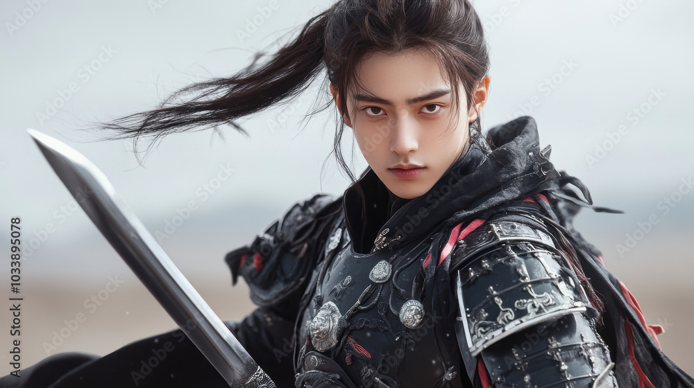 Ancient Chinese warrior with a sword standing in a desolate landscape ...