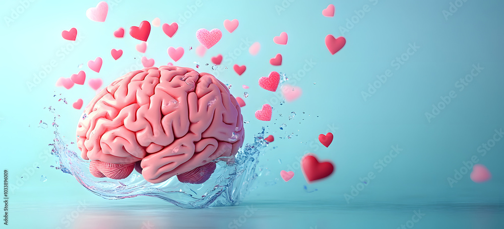 Human brain with wave of hearts, love and emotion, self care, mental ...