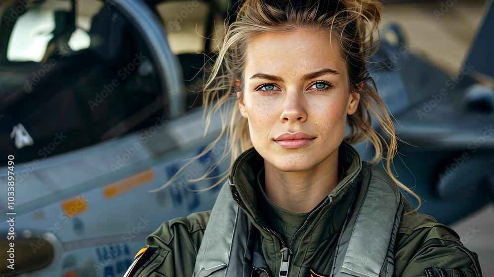 Confident Female Pilot in Military Uniform Standing Beside Jet Fighter ...