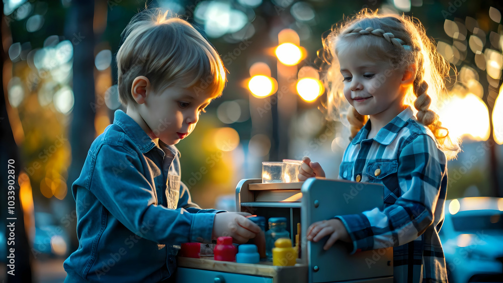 Kids Running Mini Outdoor Store Concept: Two Adorable Children Engaging ...