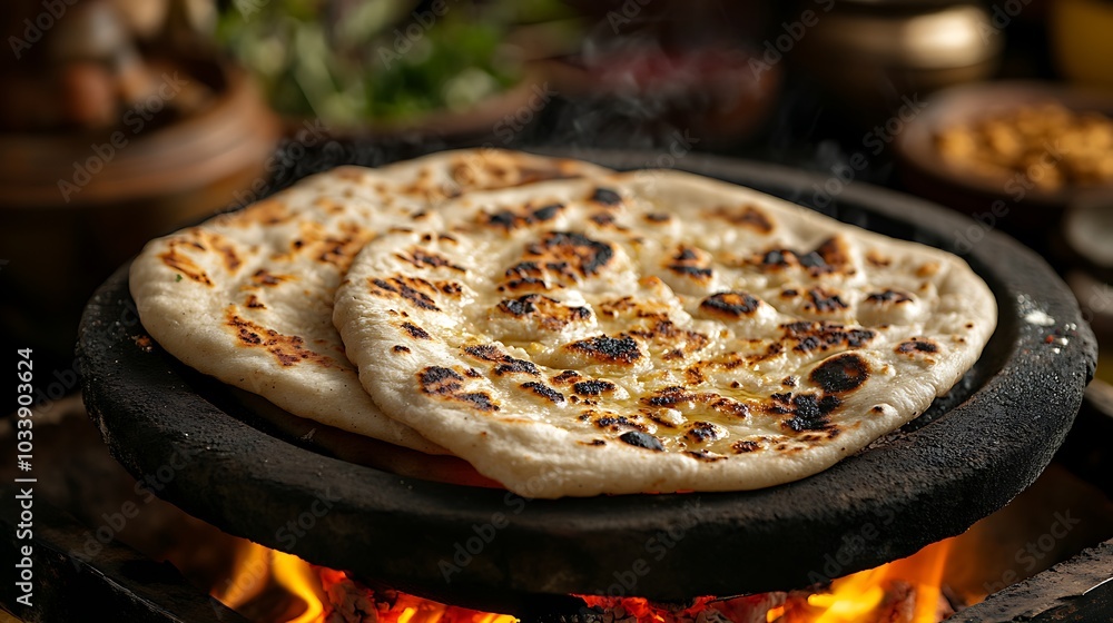 A traditional Indian tandoor oven with naan bread cooking on the clay ...