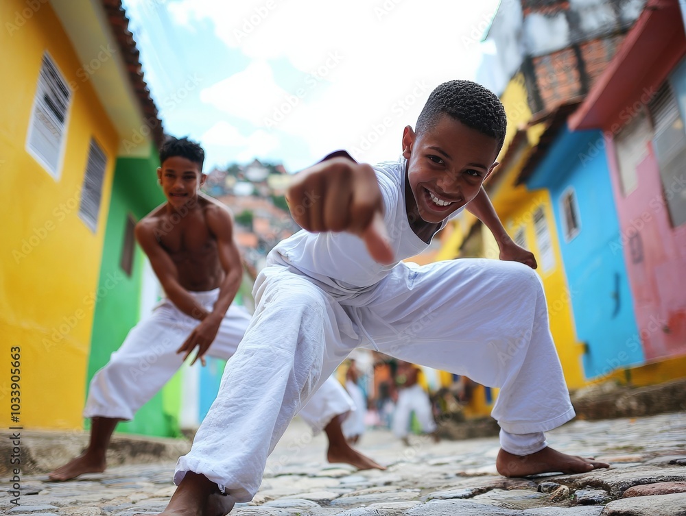 Capoeira fighters in a colorful Brazilian favela, the bright, lively ...