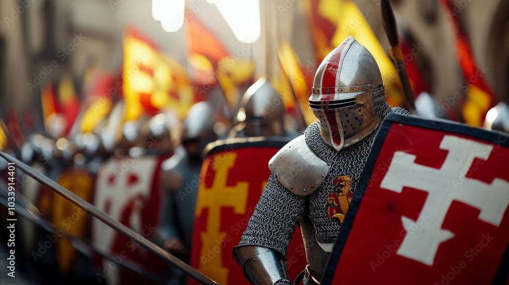 Medieval European knights jousting in a grand tournament, the bright ...