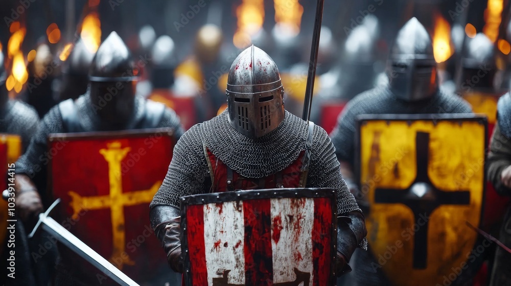 Medieval European knights jousting in a grand tournament, the bright ...