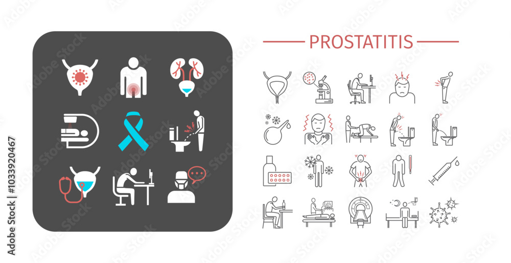 Prostate Cancer symptoms, diagnostic and treatment icon set. Line ...
