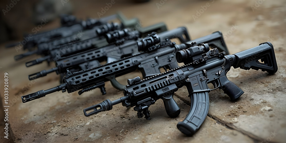A display of various assault rifles, showcasing a lineup of different ...