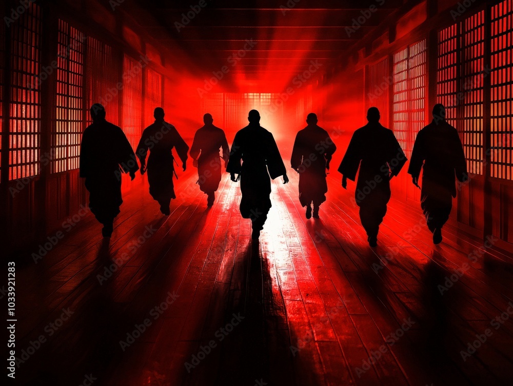 Ninjutsu training in an ancient Japanese castle, dark shadows and deep ...