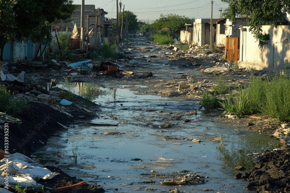 An urban street filled with trash and polluted water, highlighting the ...