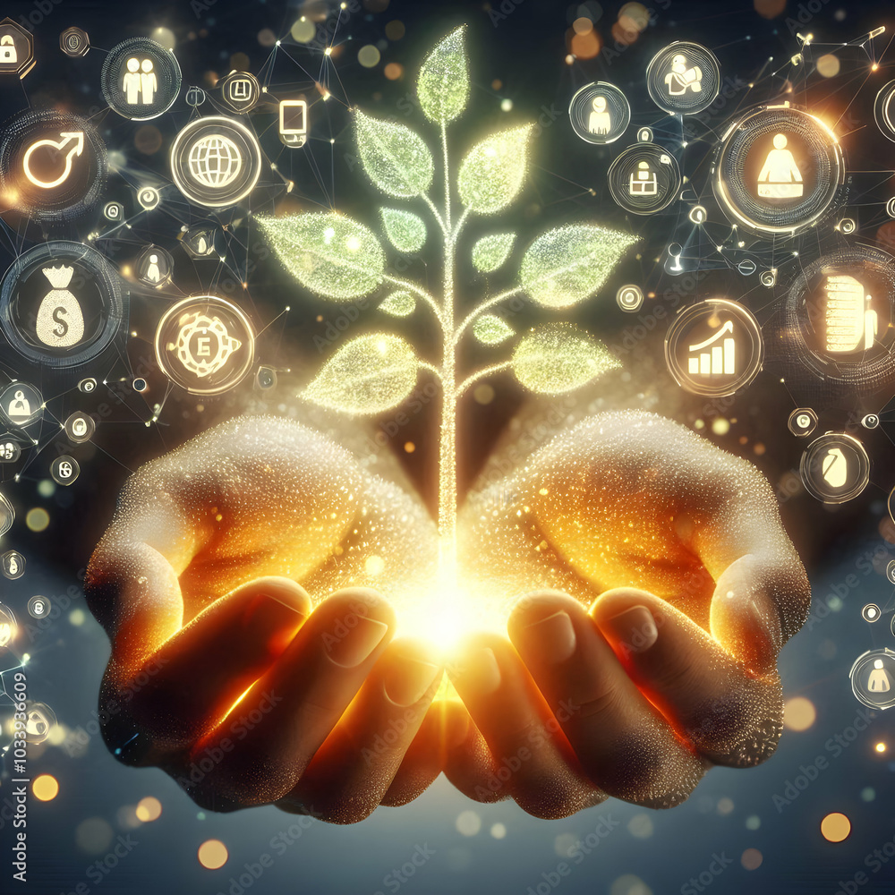 3D Glowing Seedling Nurtured by Diverse Hands - Abstract Symbol of ...