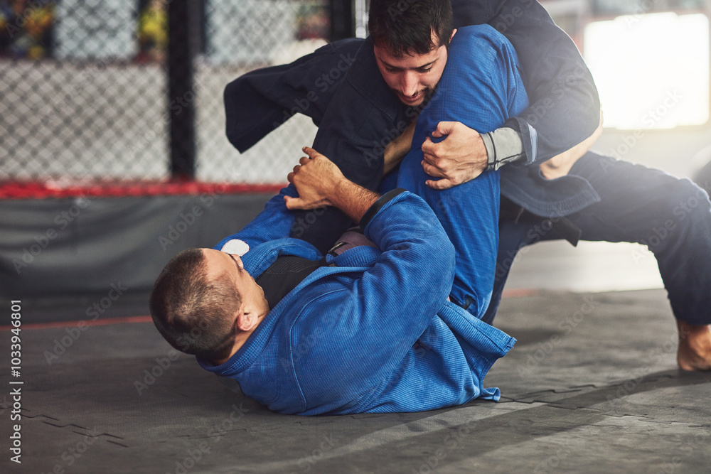 Fight, lesson and people on floor at gym for combat challenge, exercise ...