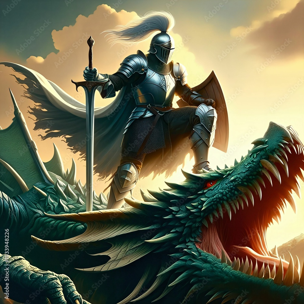 Victorious knight in shining armor, having just slain a fierce dragon ...