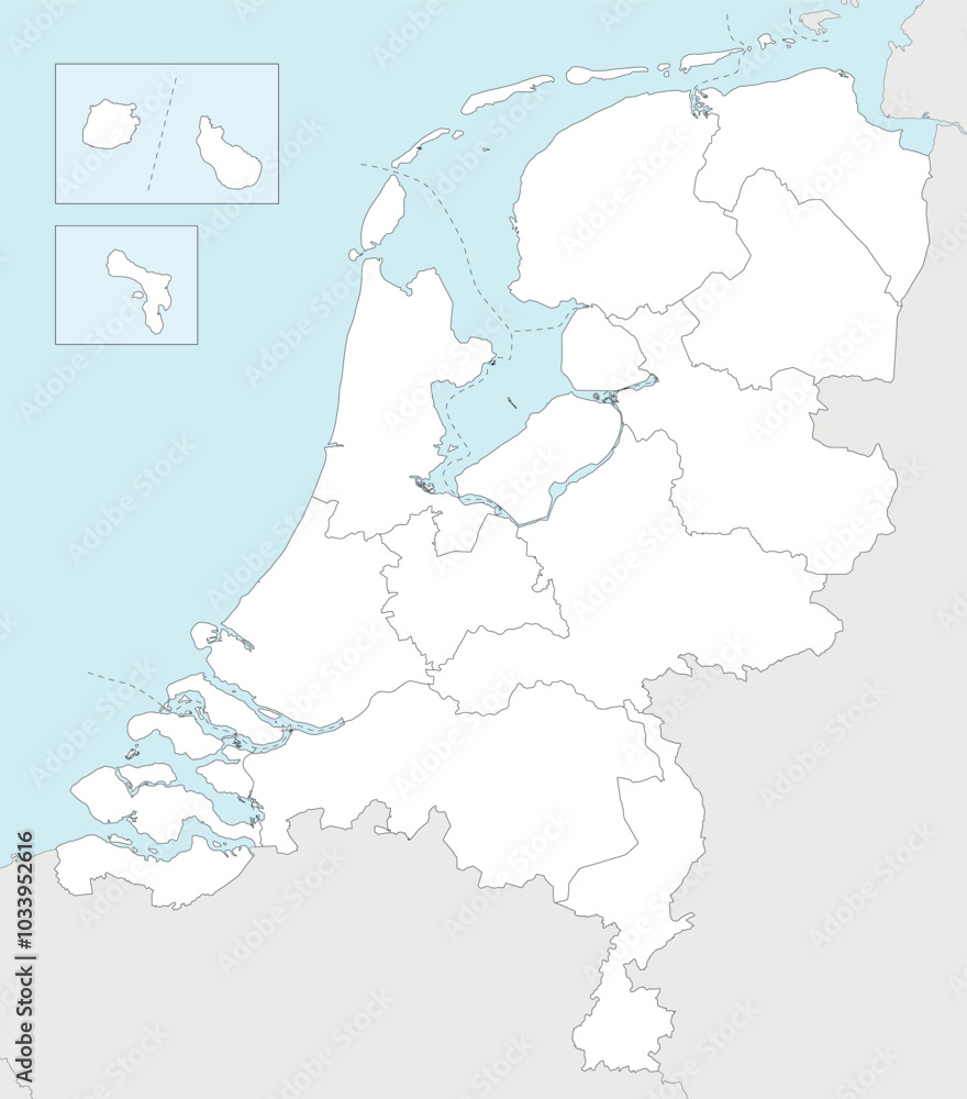 Vector regional blank map of Netherlands with provinces, Caribbean ...