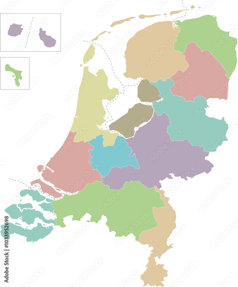 Vector regional blank map of Netherlands with provinces, Caribbean ...