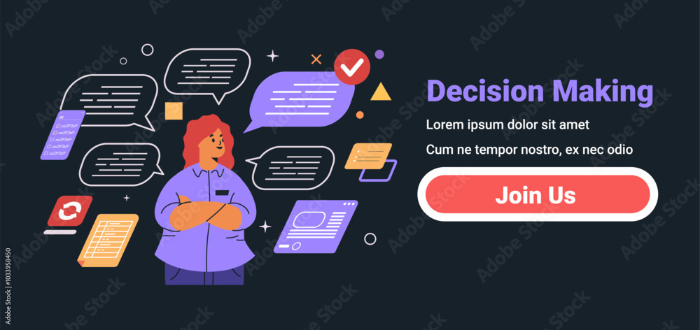 Decision making concept businesswoman surrounded by speech bubbles and ...