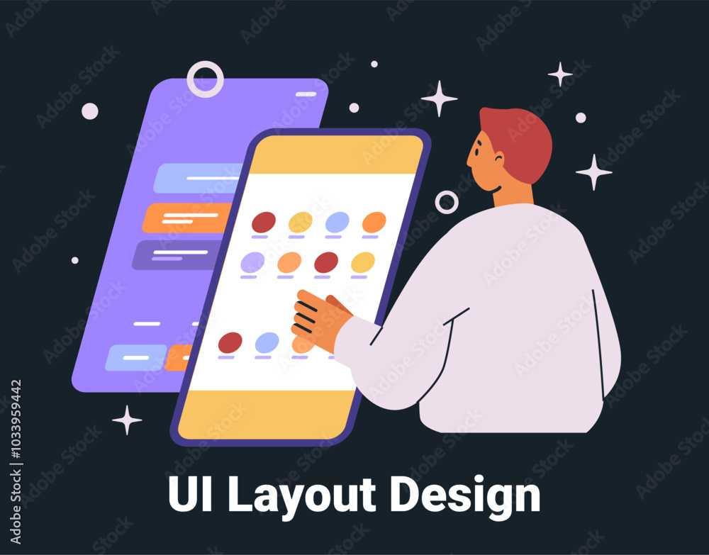 UI layout design concept man interacting with mobile application ...