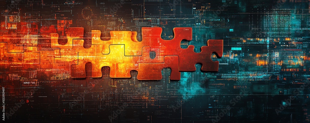 Stylized digital representation of API integration, highlighting interlocking puzzle pieces ...