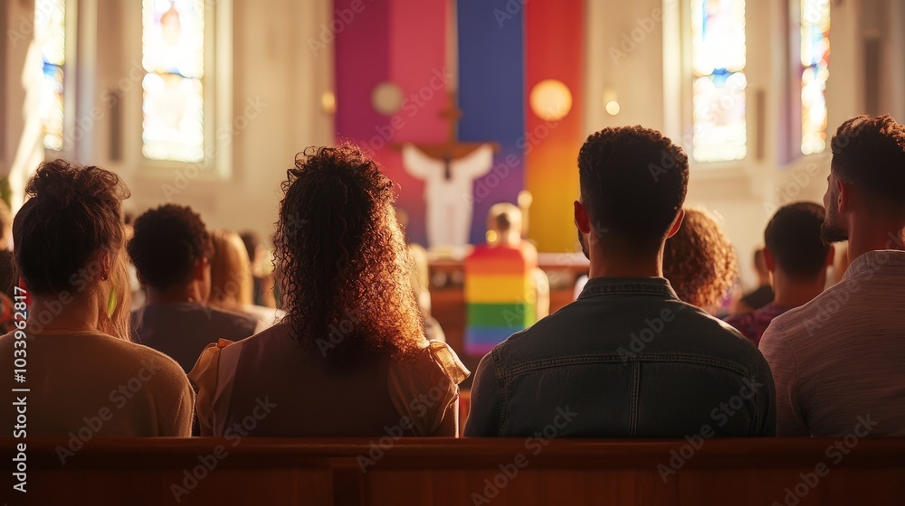 individuals participating in a religious service, with rainbow flags ...