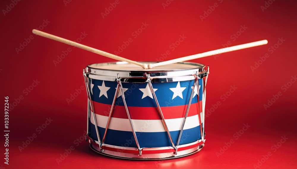 American Flag Themed Snare Drum on Bold Red Background. Perfect for 4th ...