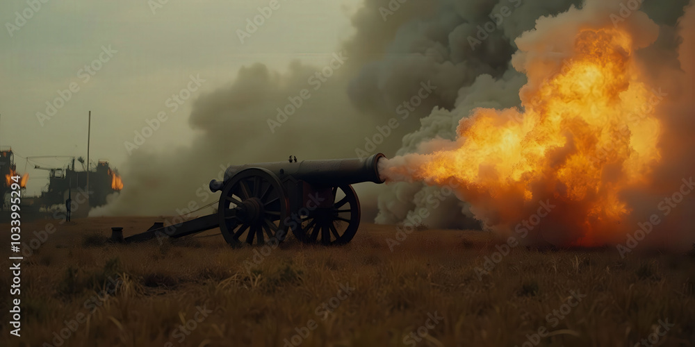 Civil War-era cannon firing with dramatic smoke and flame, capturing a ...
