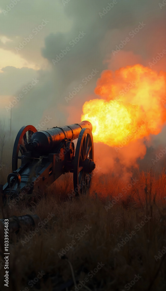 Civil War-era cannon firing with dramatic smoke and flame, capturing a ...