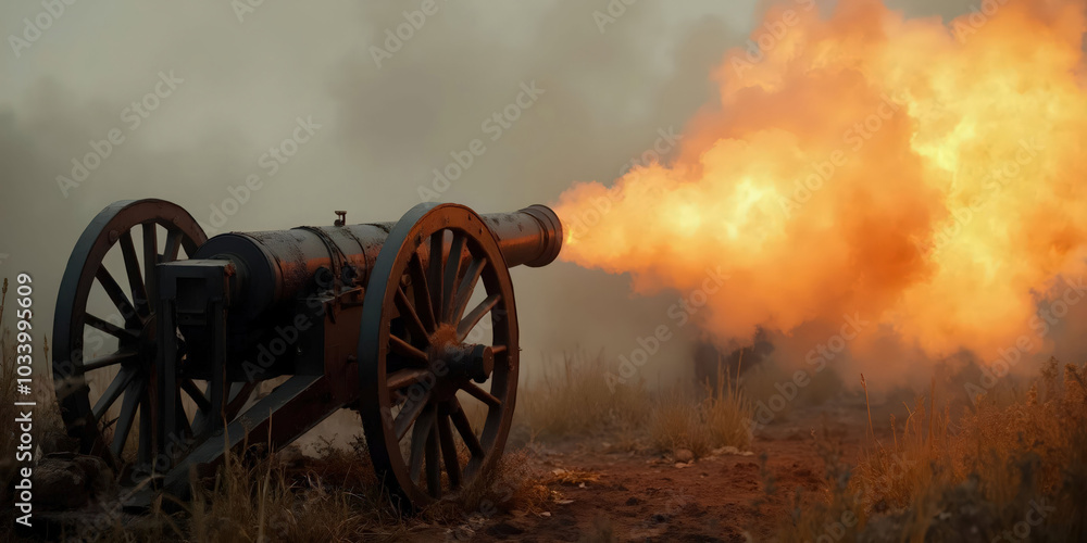Civil War-era cannon firing with dramatic smoke and flame, capturing a ...